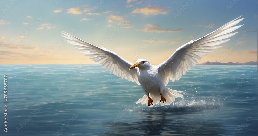 A graceful bird soaring over a vast ocean, its wings skimming the ...
