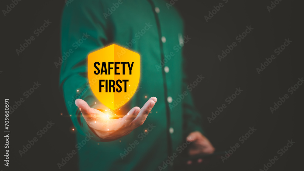Environmental Engineer show the safety banner symbol on hand. Concept ...