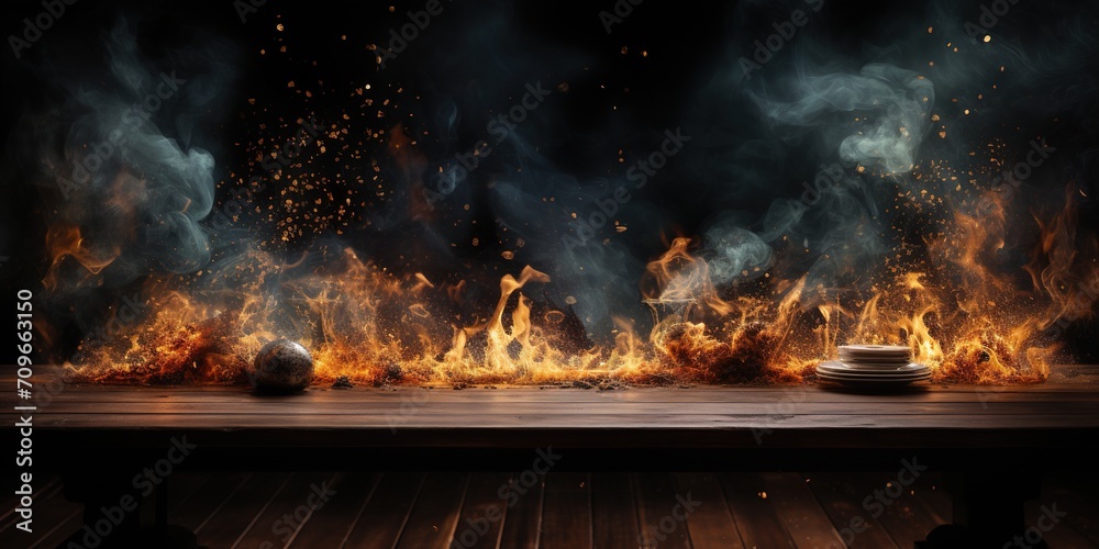 wooden table with Fire burning at the edge of the table, fire particles ...