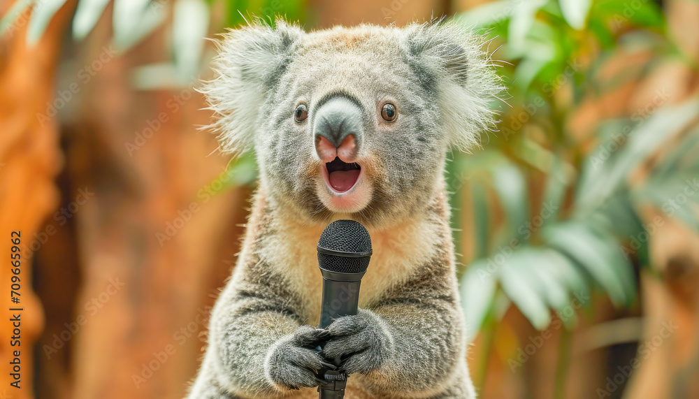 koala (Phascolarctos cinereus), singing on stage, World Wildlife Day ...