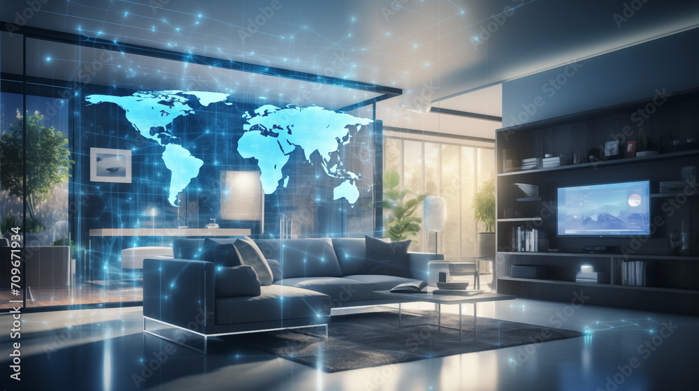 Modern living room with blue virtual reality interface and icons ...