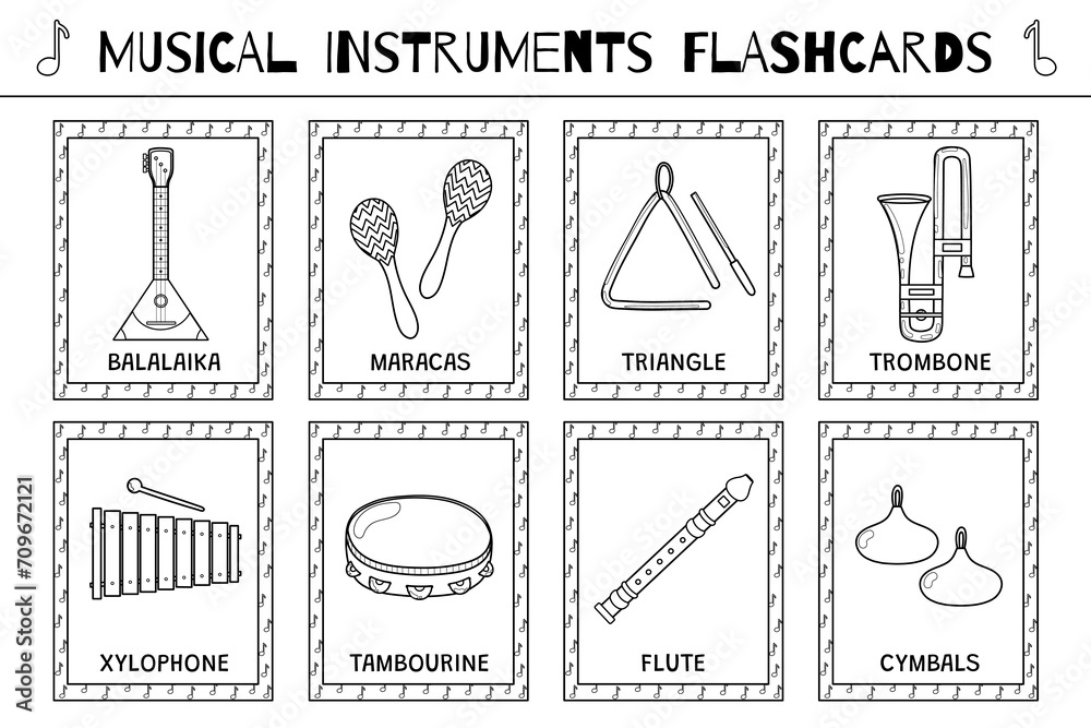 Musical instruments black and white flashcards collection. Flash cards ...