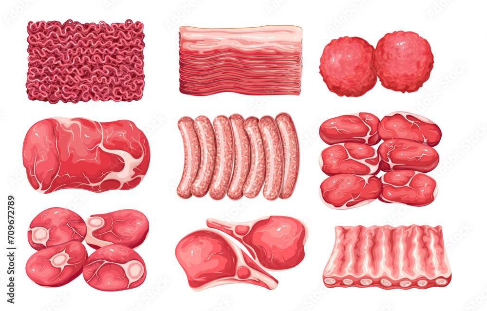 Raw meat set vector illustration. Cartoon isolated butchers shop or ...