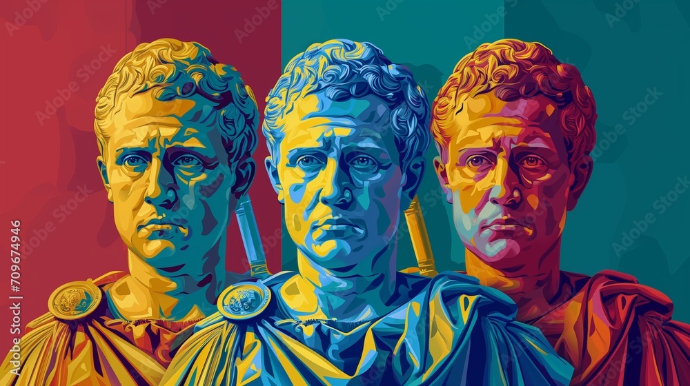 AI generated illustration of a bust of three Roman emperors in vibrant ...