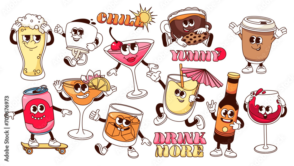 Groovy cartoon drink characters set. Funny cafe menu mascots collection ...