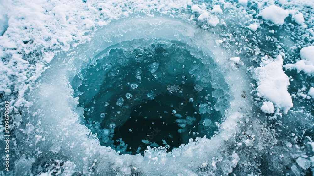 A picture depicting a hole in the ice with bubbles of water. This image ...