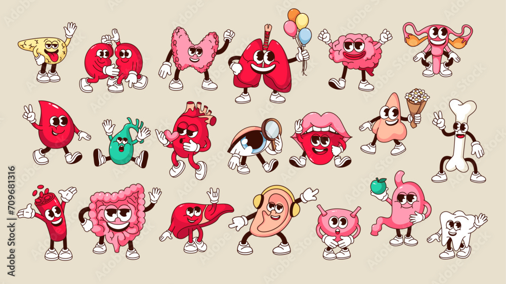 Groovy human healthy organs cartoon characters set. Funny body anatomy ...