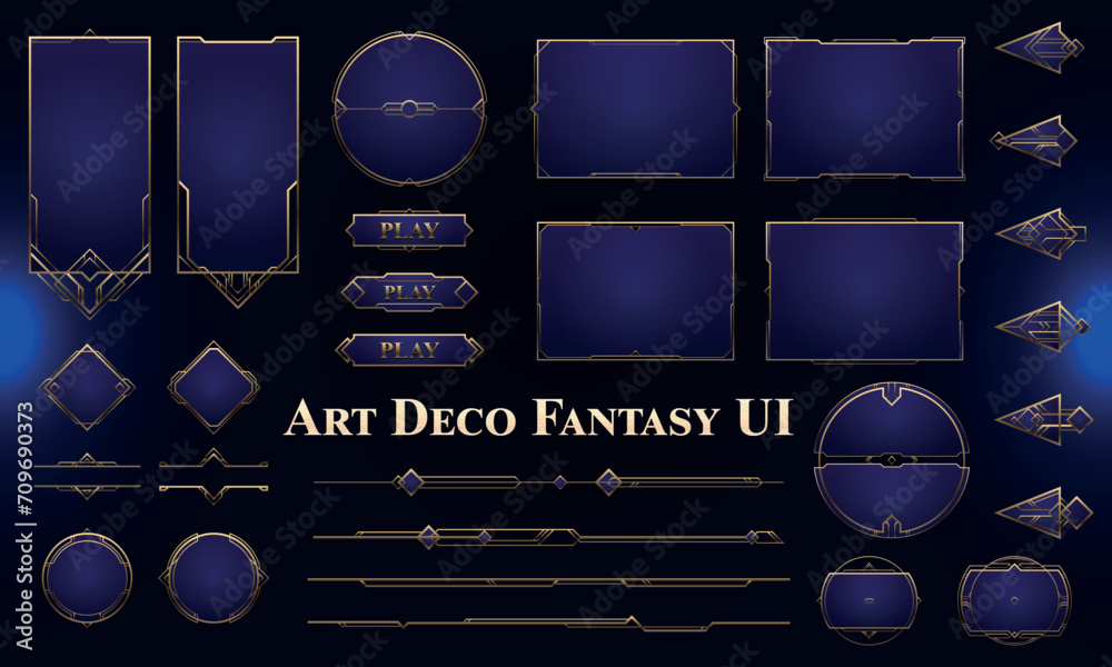 Set of Art Deco Modern User Interface Elements. Fantasy magic HUD with rewards. Template for rpg ...