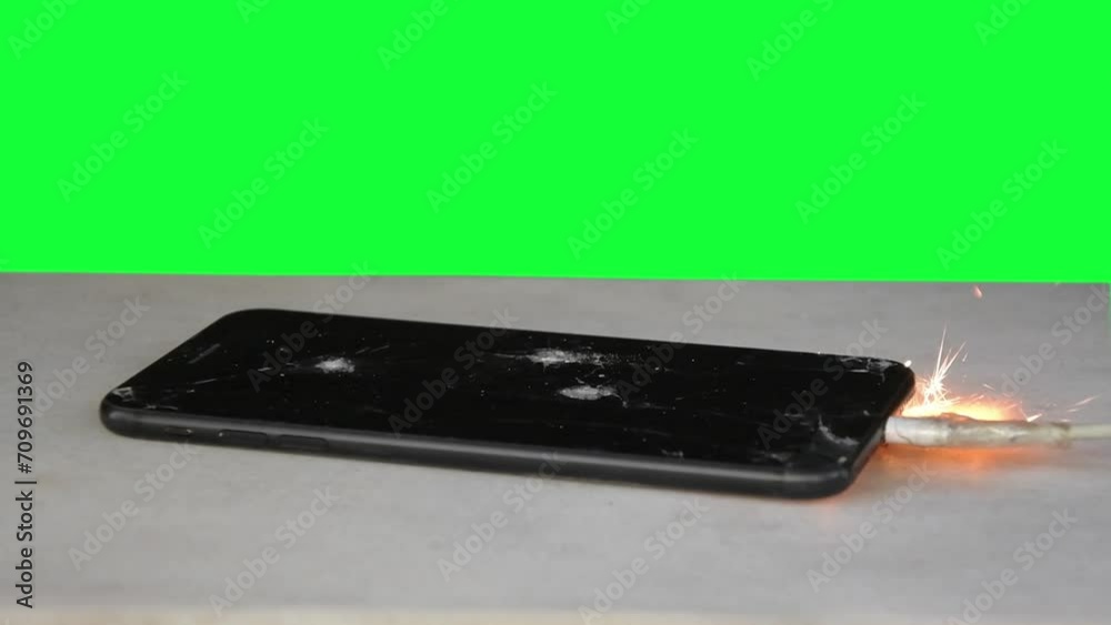 Smartphone on green background ignites from overheating battery, sparks ...