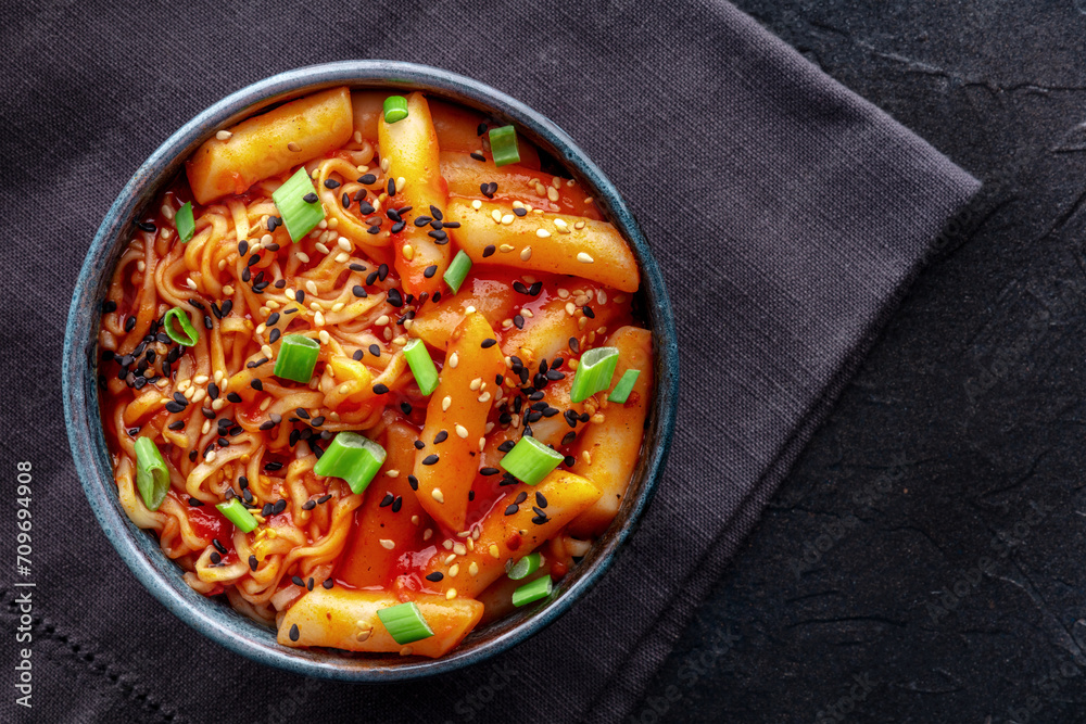 Rabokki, tteokbokki or topokki with ramen, Korean street food, spicy ...