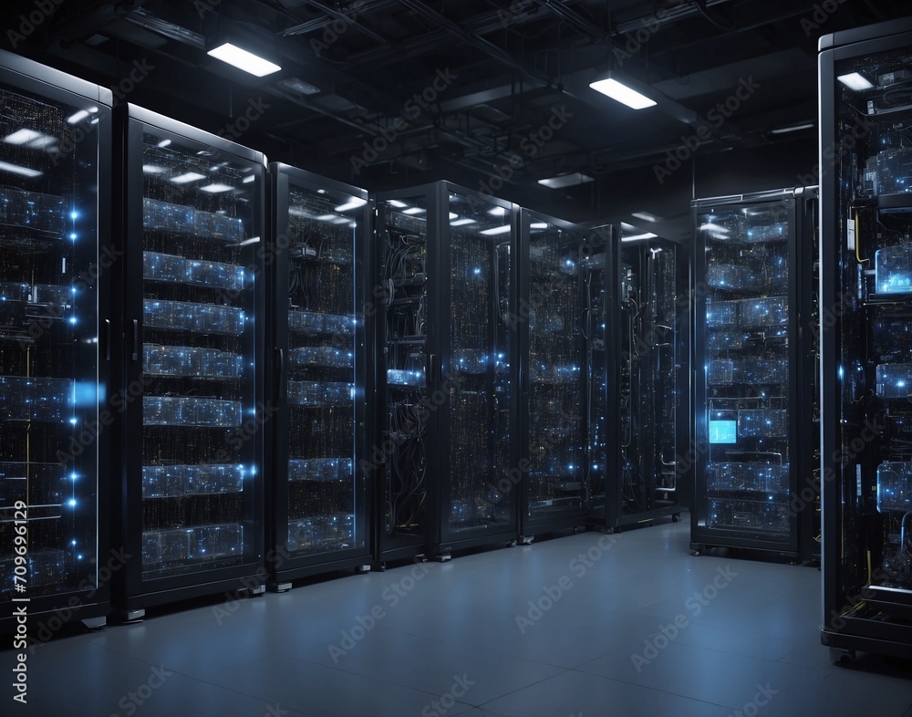 Modern Data Technology Center Server Racks In Dark Room With Vfx Visualization Concept Of
