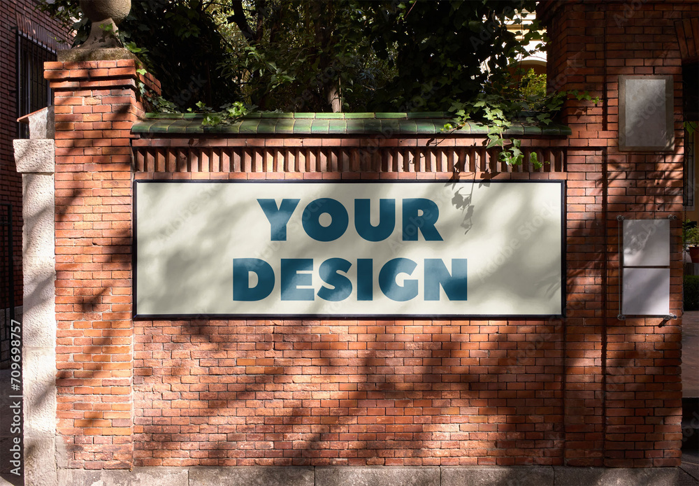 Mockup of brick wall with customizable sign Stock Template | Adobe Stock
