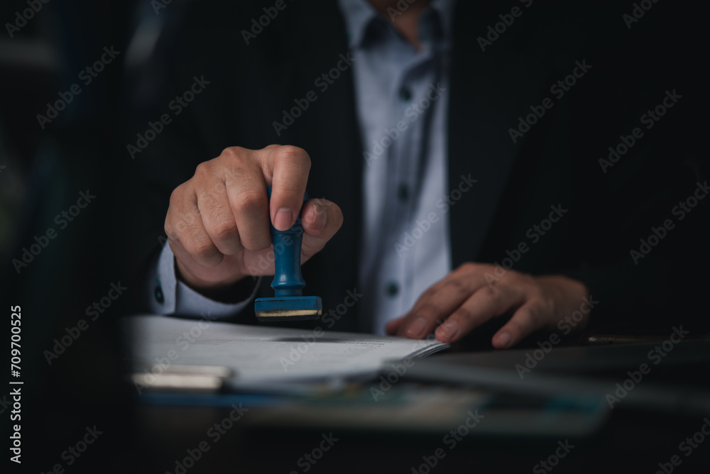 Hand man stamping documents notary public in office . Businessperson ...