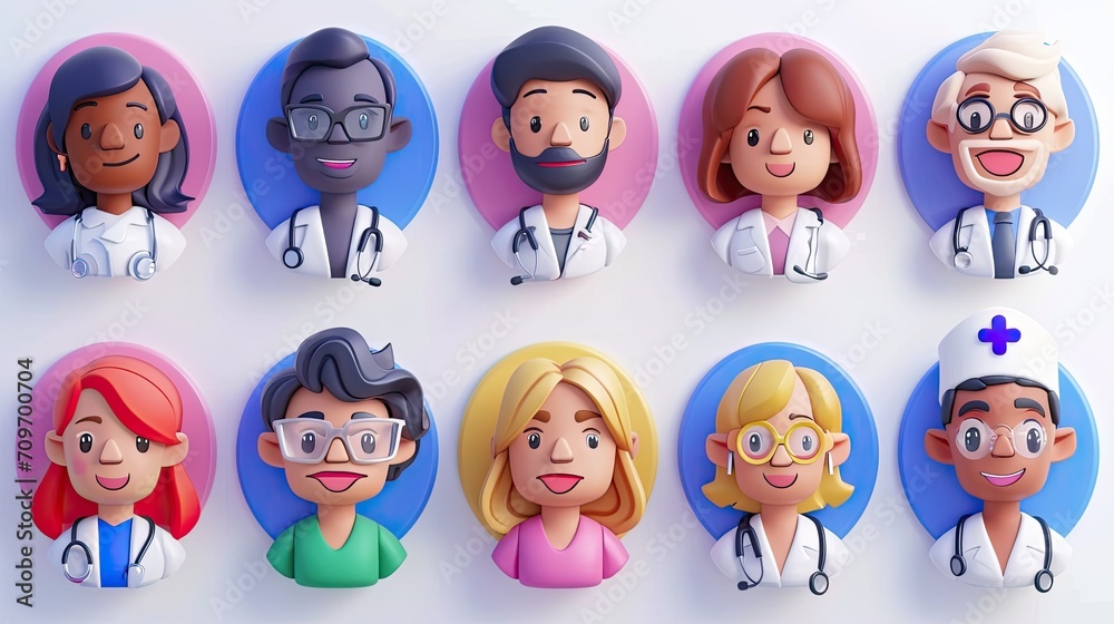 3d render, doctor avatar collection, set of round stickers with cartoon ...