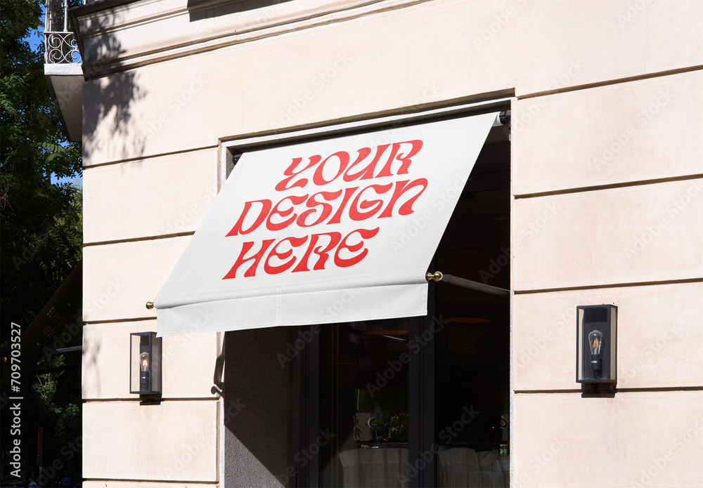 Mockup of shop window with customizable awning Stock Template | Adobe Stock