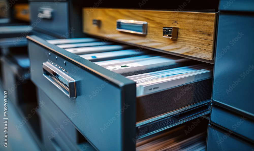 Close-up View of Open File Cabinet Drawers Filled with Labeled ...