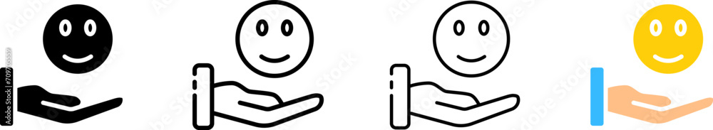 Smiling emoticon icons. Line, emoticon in the palm, palm of the hand ...