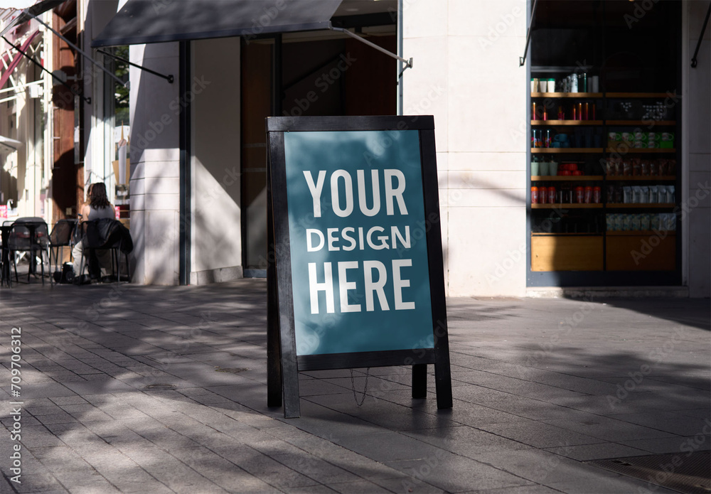 Mockup of customizable A-frame sign outside shop Stock Template | Adobe ...