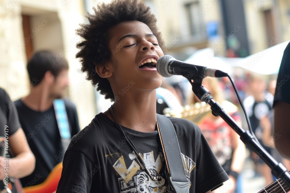Foto de A young musician passionately singing into a microphone with a ...