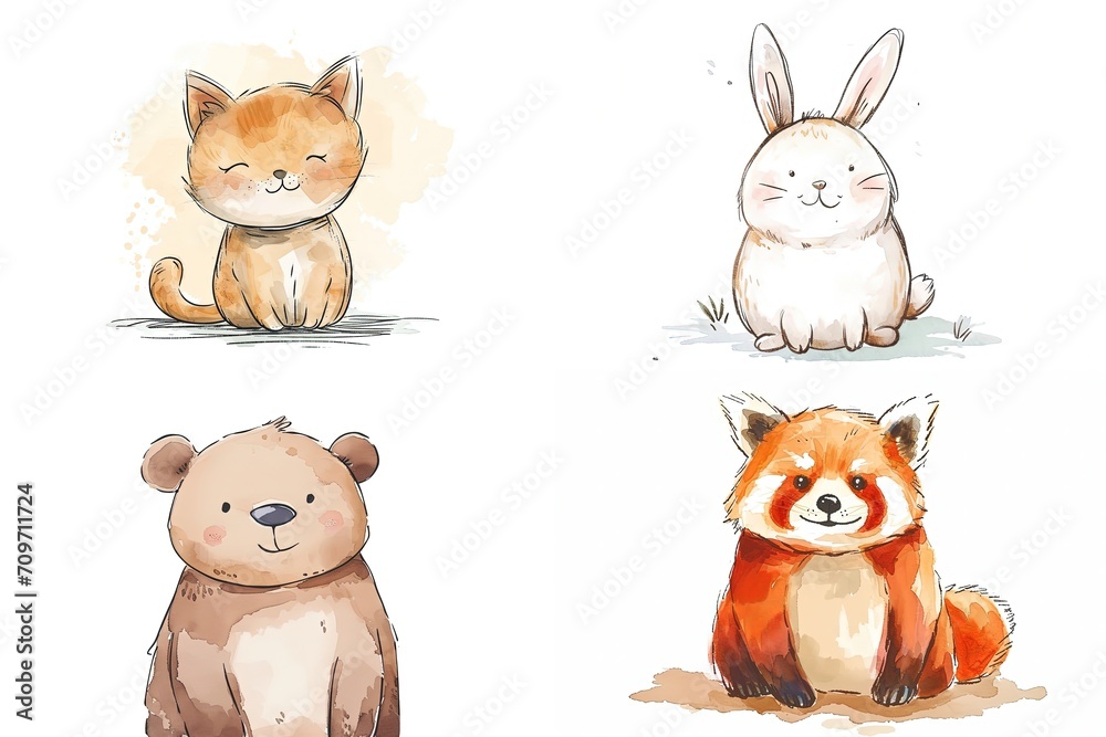 watercolor cartoon illustration collection set, cute baby animals ...