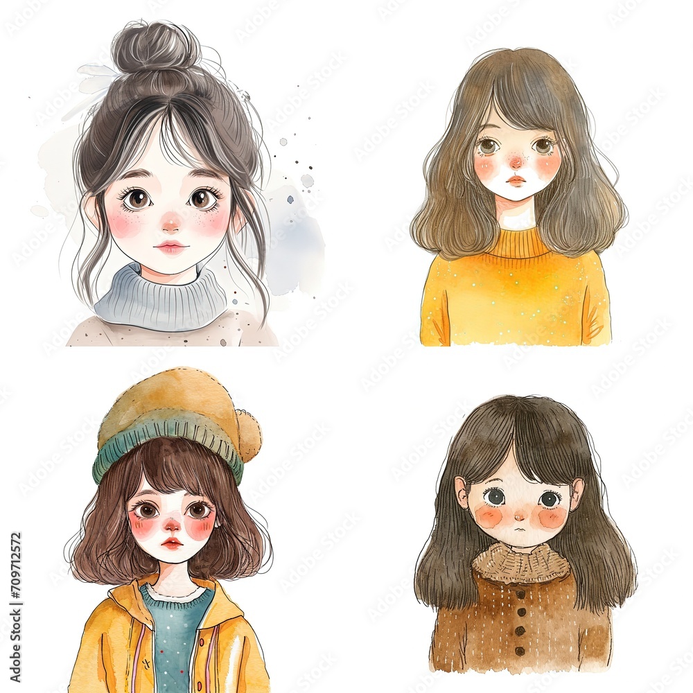 watercolor cartoon illustration collection set, cute attractive girl ...