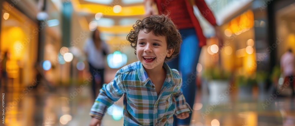 Family Outing At Mall Child Happily Exploring With Parents. Сoncept ...