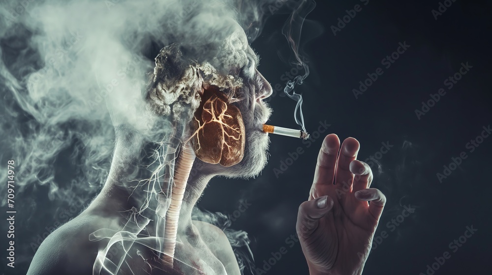 a man is smoking , human lung turning into ash and dark tar with ...
