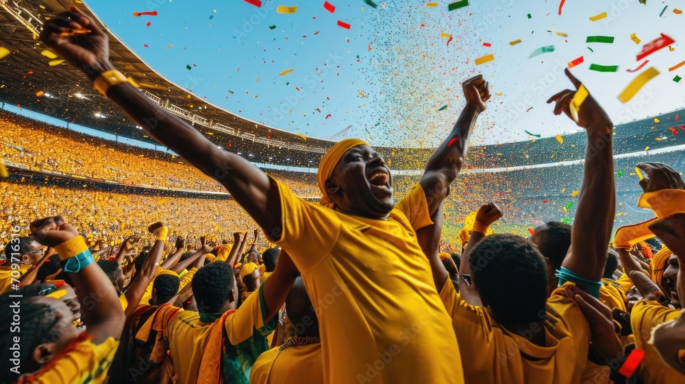 Celebrating victory. Snapshot of devotion as fans stand, hands waving ...