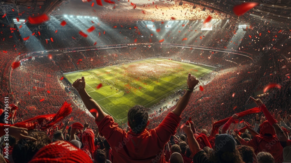 Football stands, where fans stand shoulder to shoulder, arms raised ...