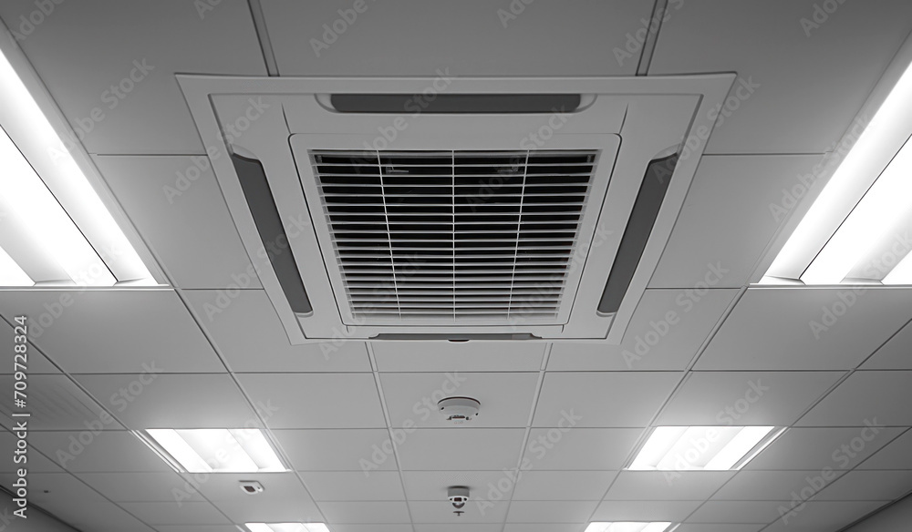Ceiling mounted cassette type air conditioner and modern lamp light on ...
