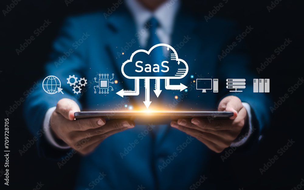 SaaS (software as a service) concept, Businessman show virtual screen ...