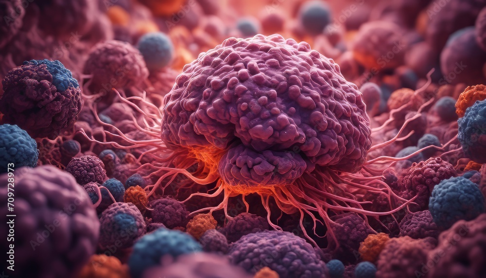 Tumor background with cancer cells, T cells, nanoparticles, molecules ...