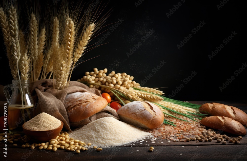 wheat, wheatgrass, oats, malt and oatmeal on a brown background ...