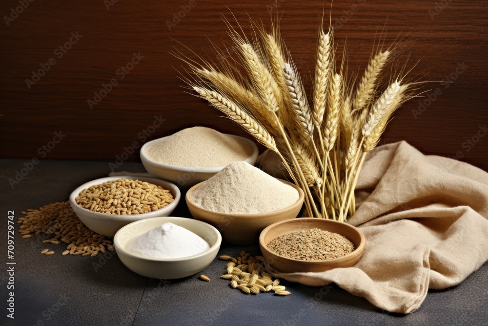wheat, wheatgrass, oats, malt and oatmeal on a brown background ...
