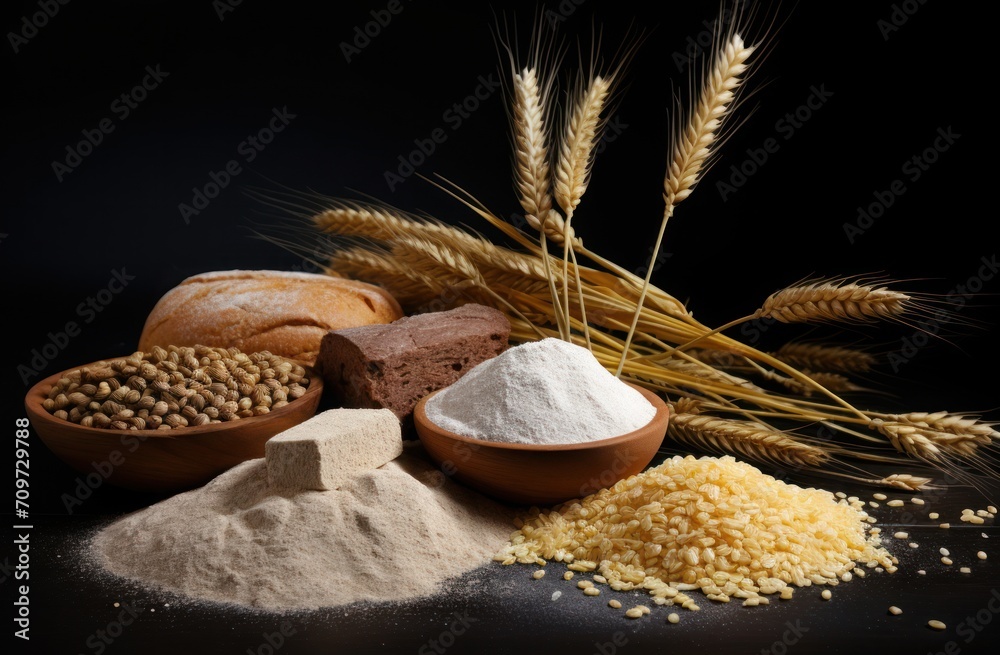 wheat, wheatgrass, oats, malt and oatmeal on a brown background ...
