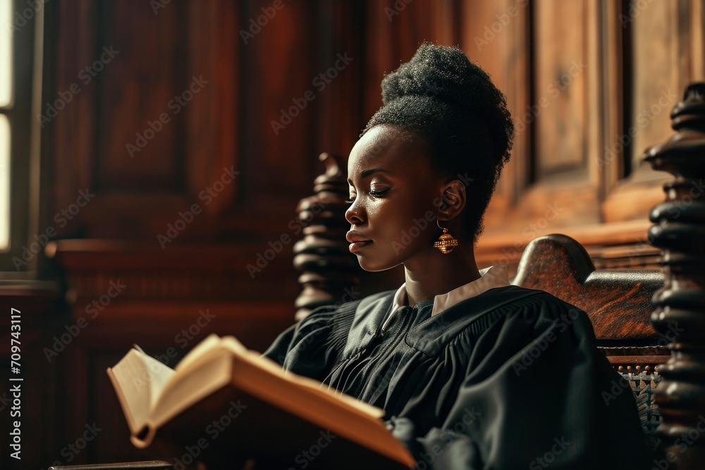 Female judge is sitting reading a law book. Concept for International ...
