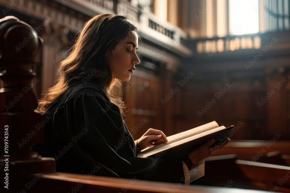 Female judge is sitting reading a law book. Concept for International ...