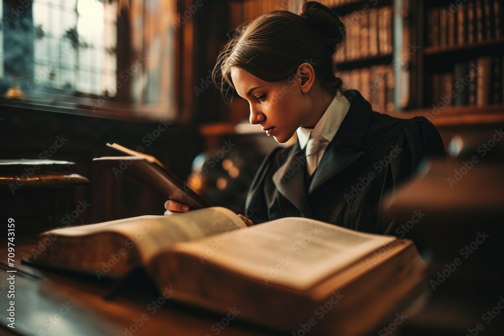 Female judge is sitting reading a law book. Concept for International ...