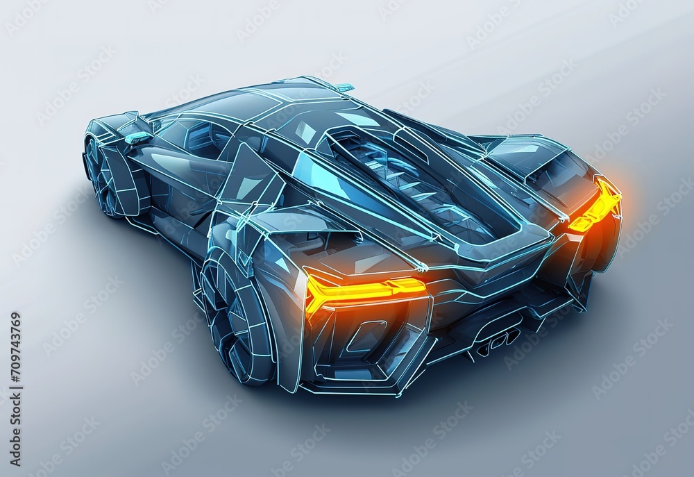 Futuristic car design concept with detailed wireframe overlay and ...