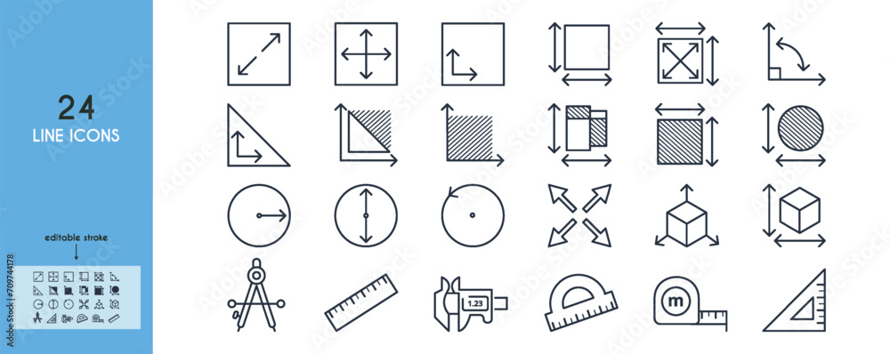 Measurement of dimension, area, perimeter line icon set. Caliper ...