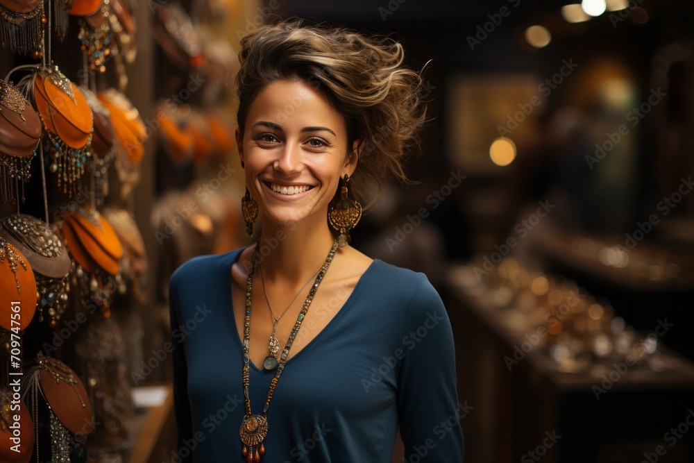 Female jewelry store owner displaying her unique creations, Generative ...