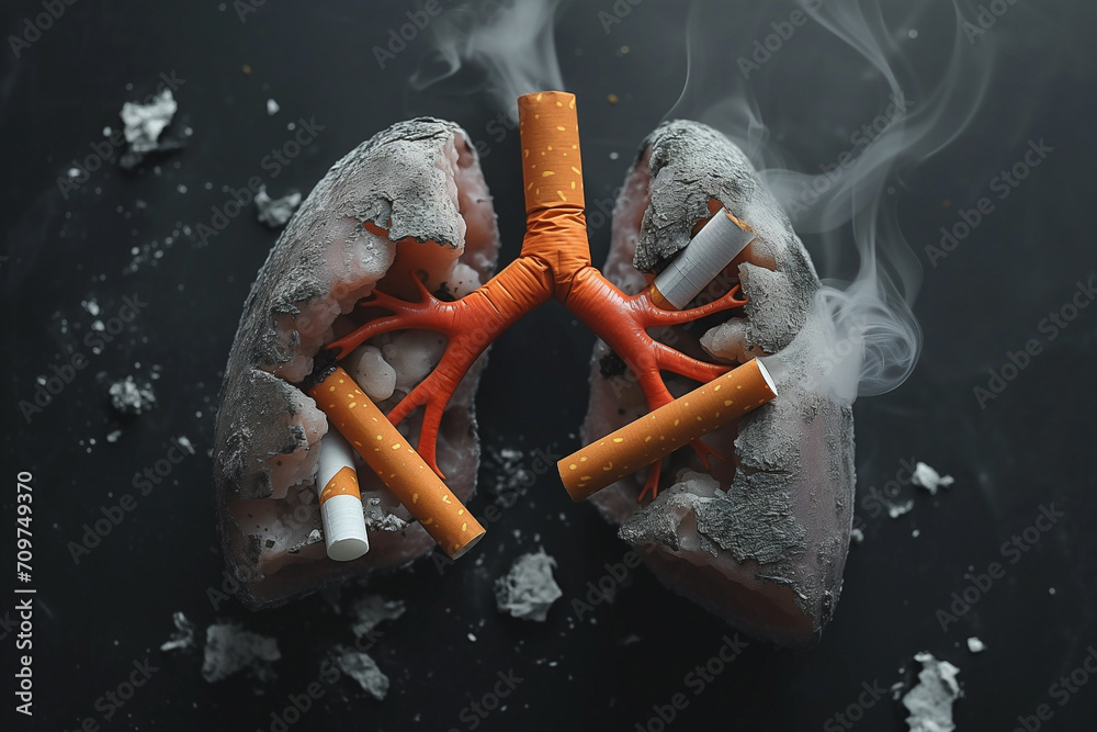 World no tobacco day. Smoking prevention. Lungs and cigarettes on dark ...