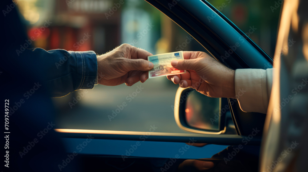 A close-up of a customer's hand hand handing a banknote to a clerk at a ...