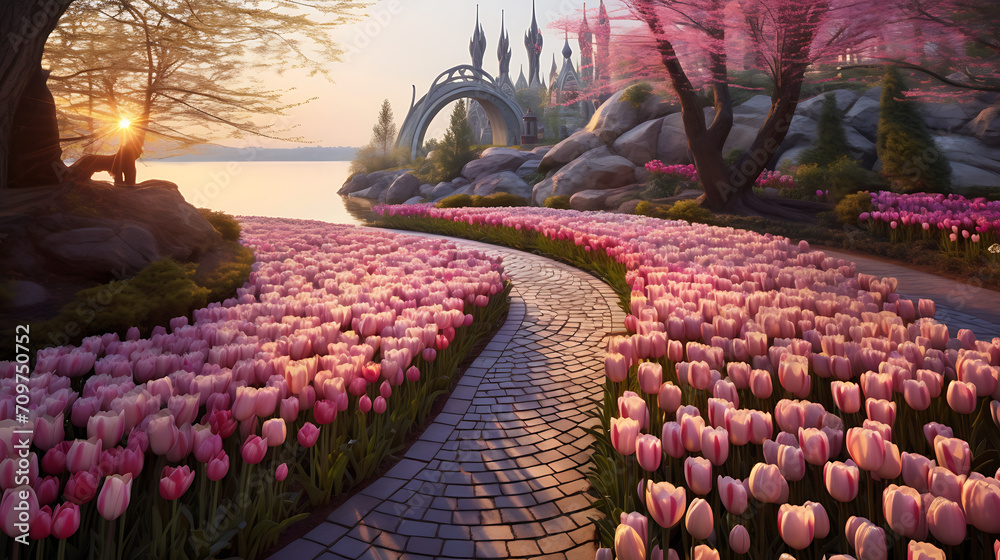 a tulip-filled pathway, inviting visitors to explore the enchanting ...