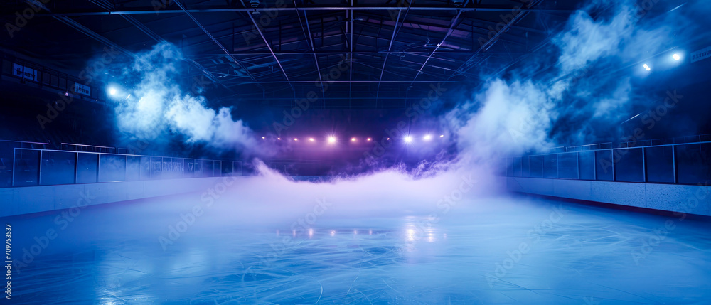 futuristic background with neon spotlights, smoke.Ice Rink.Professional ...