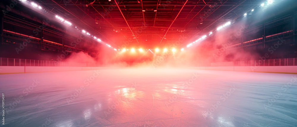Red Ice Rink Background. Professional Arena illuminated red neon lights ...