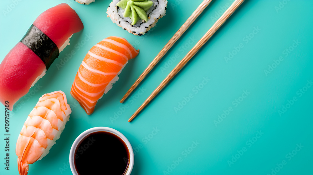 Sushi with salmon, tuna and shrimp on vibrant turquoise background with ...