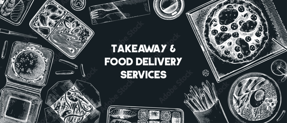 Takeaway and food delivery frame. Hand drawn vector illustration on ...