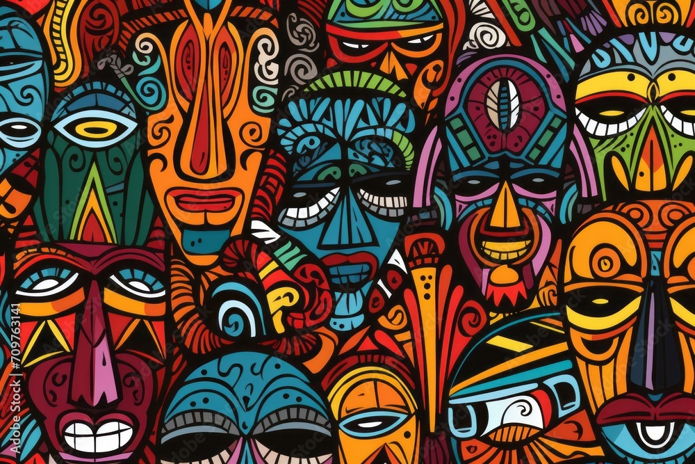 Cartoon cute doodles of traditional African tribal masks, symbols, and ...