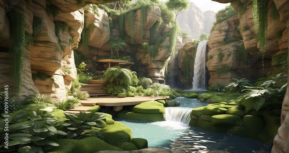 A scene of a hidden oasis nestled within a canyon, featuring a serene ...